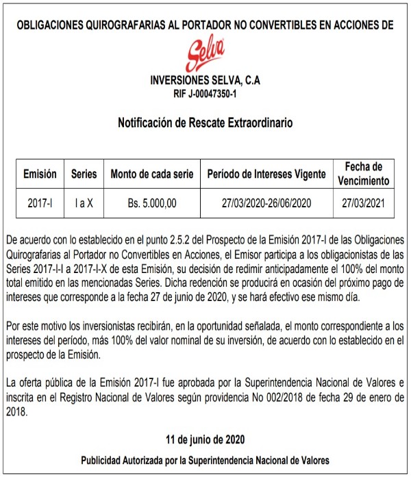 OBLIGACIONES QUIROGRAFARIAS INVERSIONES SELVA