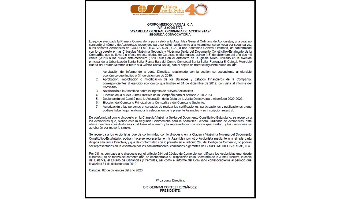 SEGUNDA CONVOCATORIA CLÍNICA SANTA SOFÍA