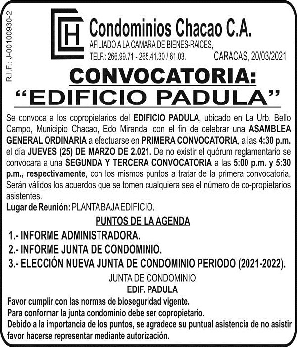CONVOCATORIA EDIFICIO PADULA