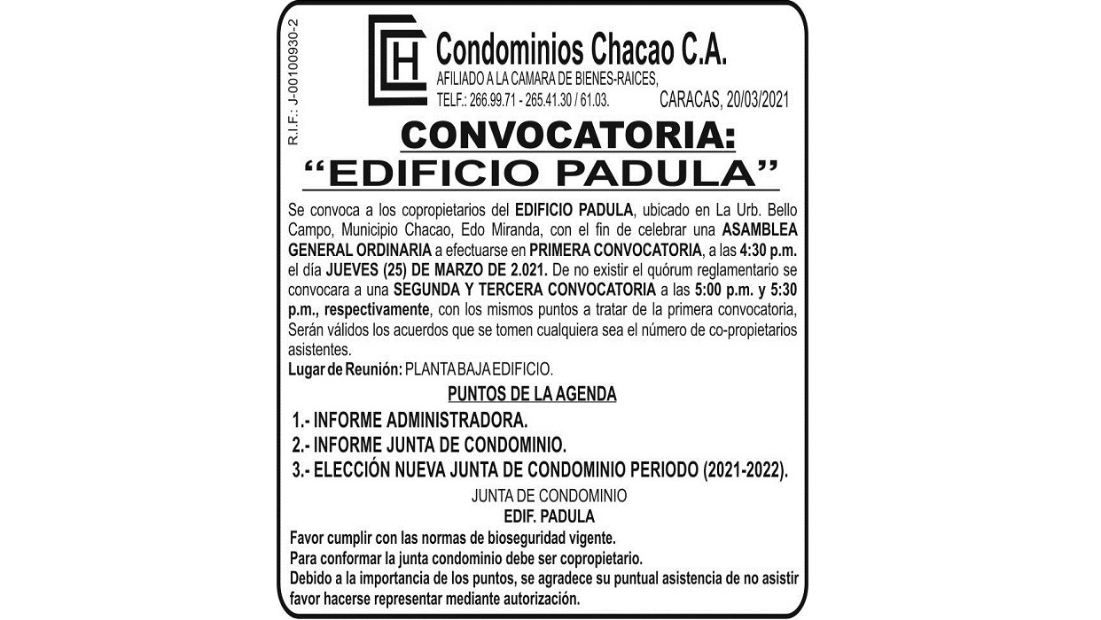 CONVOCATORIA EDIFICIO PADULA