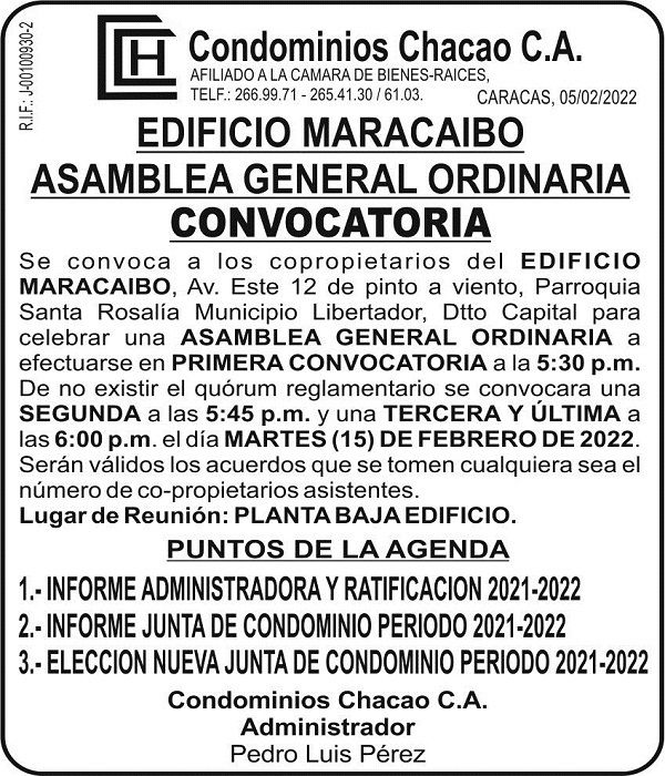 CONVOCATORIA EDIFICIO MARACAIBO