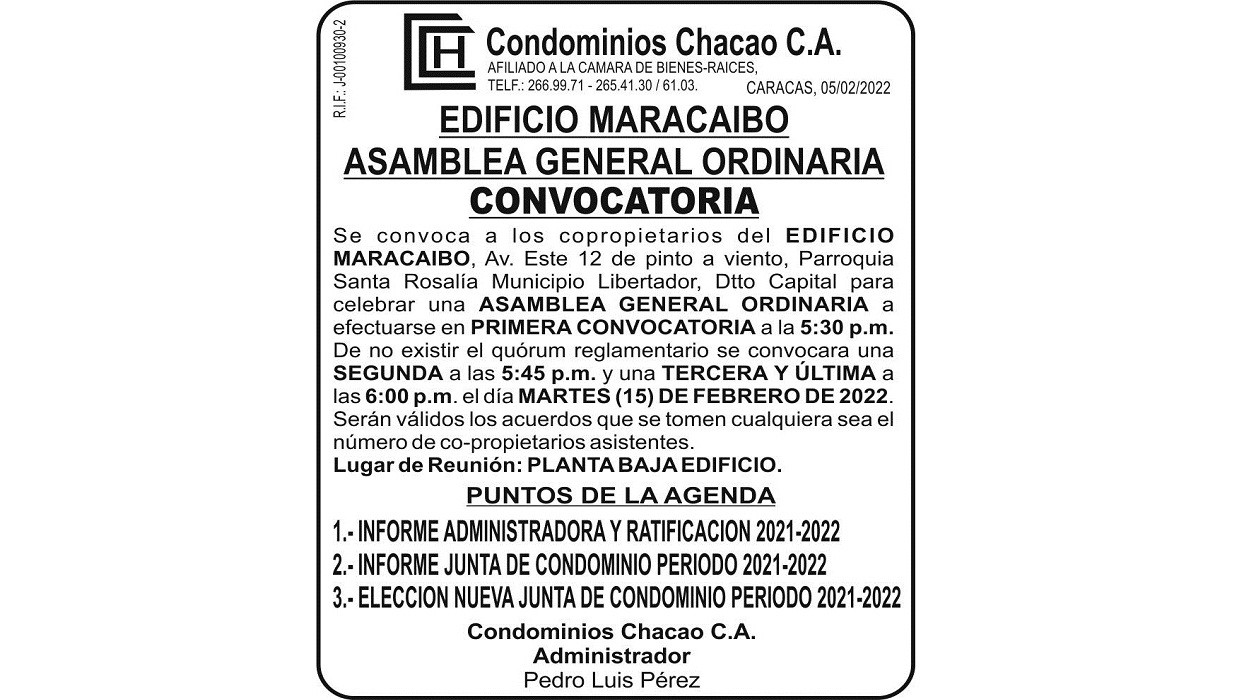 CONVOCATORIA EDIFICIO MARACAIBO