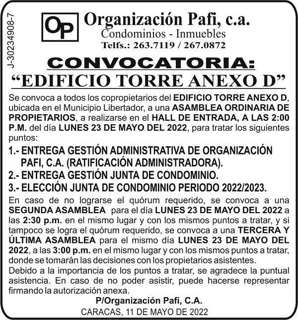 CONVOCATORIA EDIFICIO TORRE ANEXO D