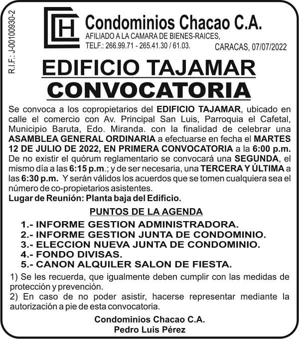 CONVOCATORIA EDIFICIO TAJAMAR