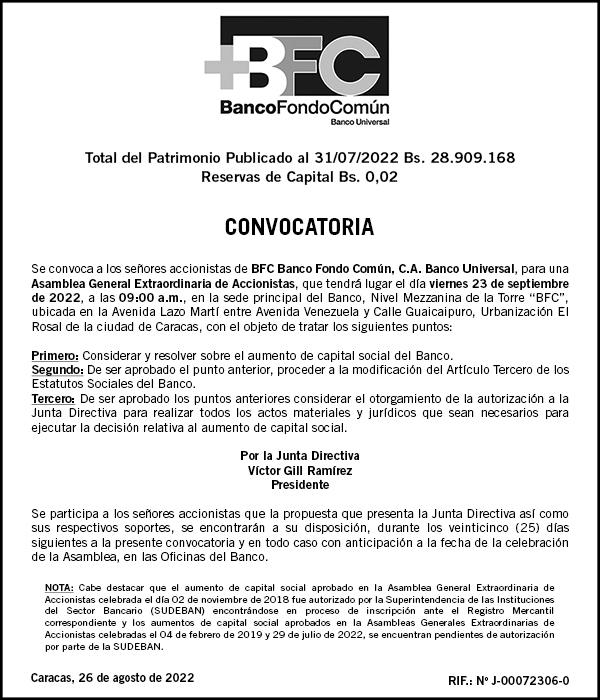 CONVOCATORIA BFC BANCO FONDO COMUN