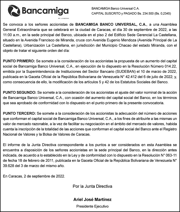 CONVOCATORIA EXTRAORDINARIA BANCAMIGA BANCO UNIVERSAL, C.A. CONVOCATORIA EXTRAORDINARIA BANCAMIGA BANCO UNIVERSAL, C.A.