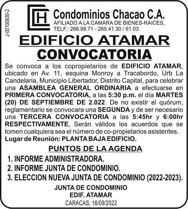 CONVOCATORIA EDIFICIO ATAMAR