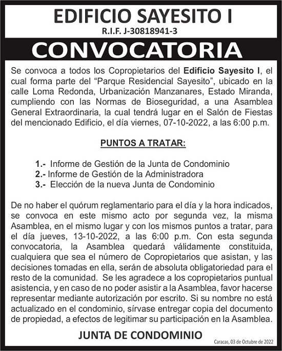 CONVOCATORIA EDIFICIO SAYESITO I