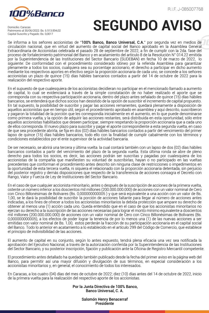 SEGUNDO AVISO 100% BANCO, BANCO UNIVERSAL
