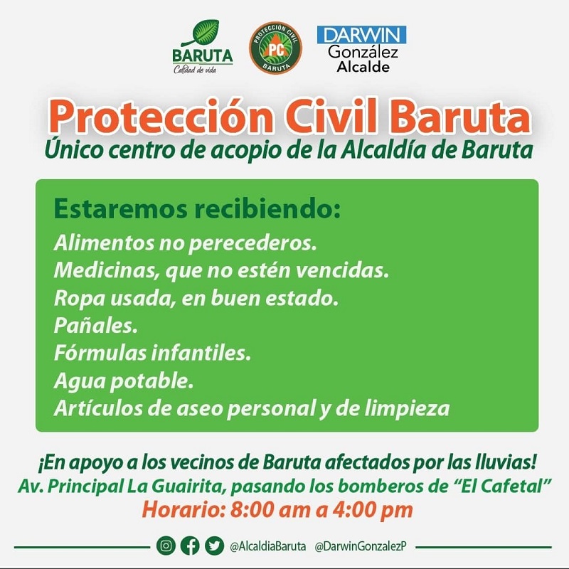 La Alcaldía de Baruta habilita Centro de Acopio para afectados por las lluvias en el Municipio