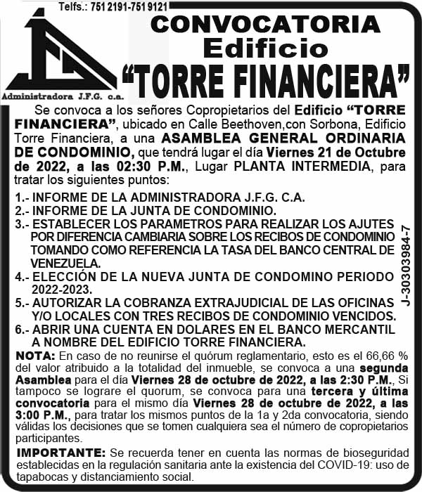 CONVOCATORIA EDIFICIO TORRE FINANCIERA