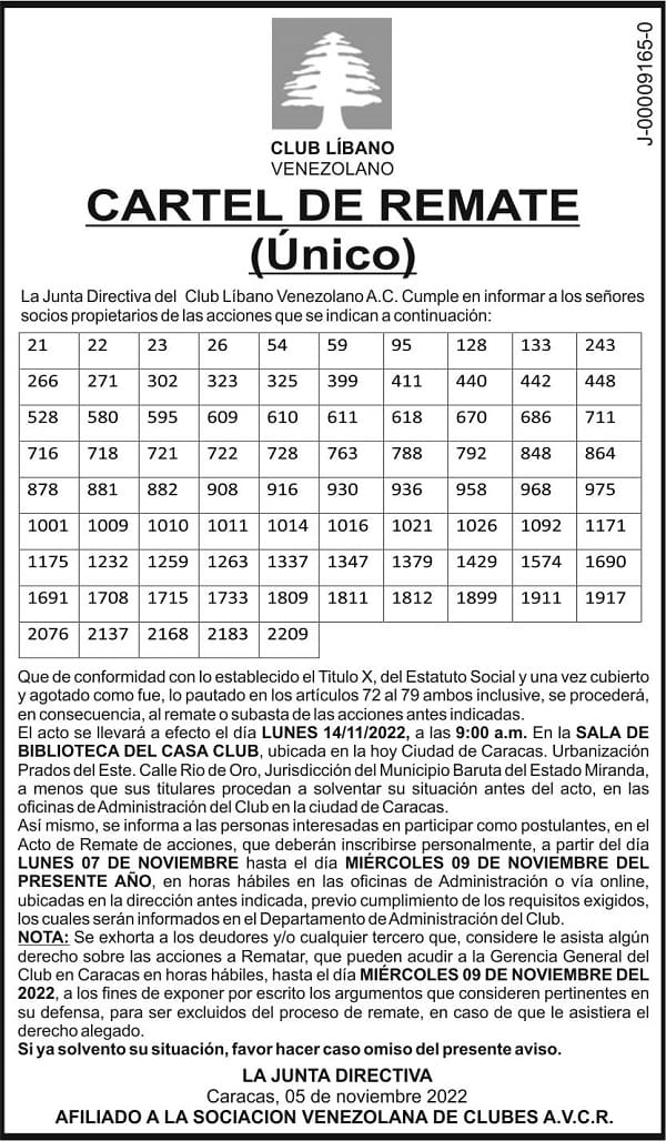 CARTEL DE REMATE (ÚNICO) CLUB LÍBANO VENEZOLANO