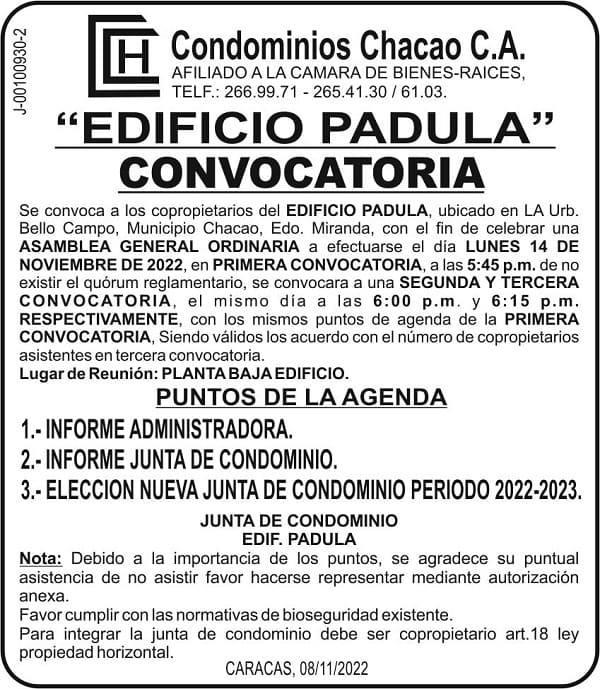 CONVOCATORIA EDIFICIO PADULA