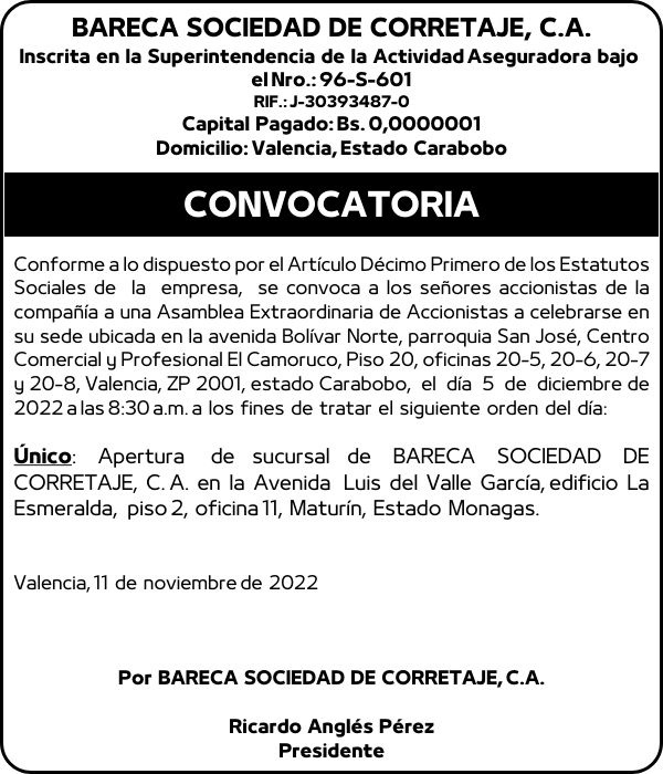 CONVOCATORIA BARECA SOCIEDAD DE CORRETAJE, C.A.