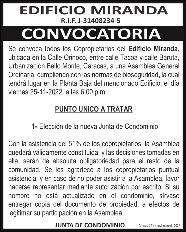 CONVOCATORIA EDIFICIO MIRANDA