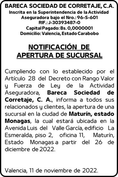 NOTIFICACIÓN APERTURA SUCURSAL BARECA SOCIEDAD DE CORRETAJE, C.A.