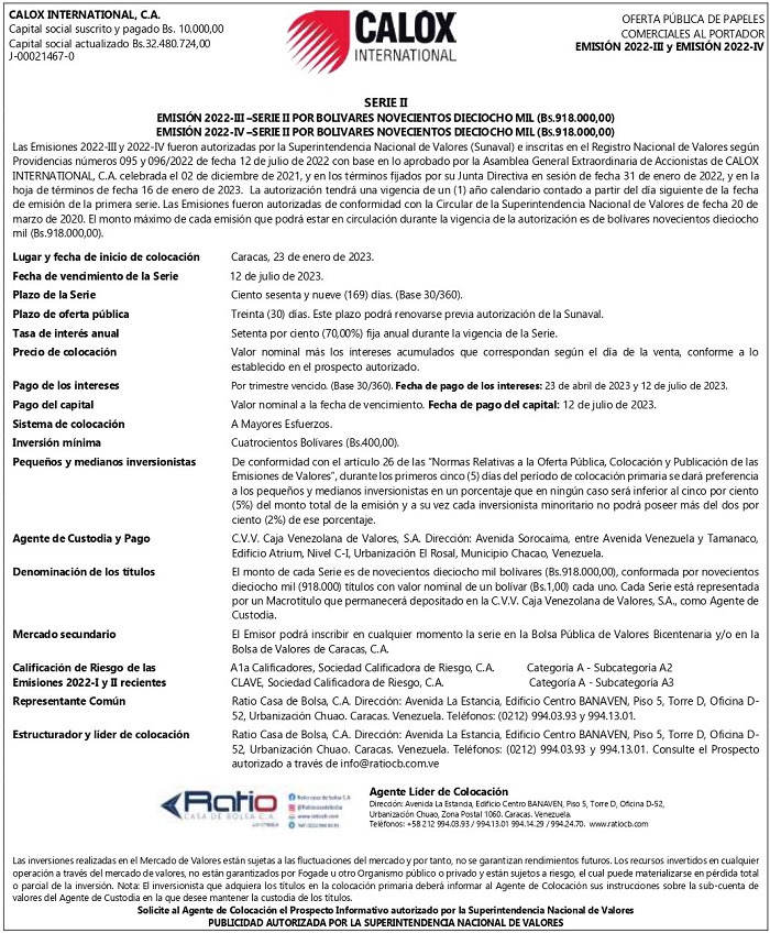 CALOX INTERNATIONAL, C.A. OFERTA PÚBLICA EMISIÓN 2022-III Y EMISIÓN 2022-IV
