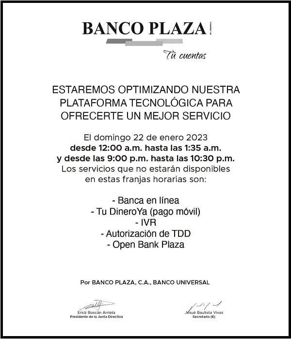 COMUNICADO SERVICIOS BANCO PLAZA, C.A., BANCO UNIVERSAL