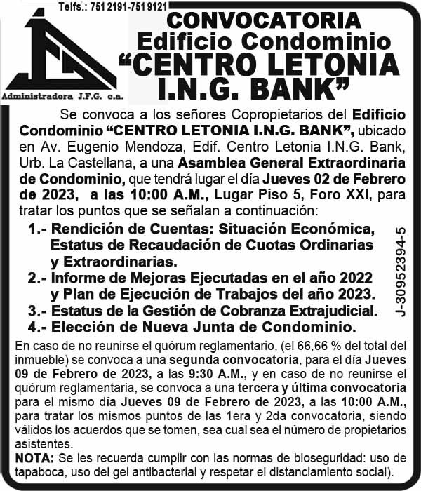 CONVOCATORIA EDIFICIO CONDOMINIO CENTRO LETONIA I.N.G. BANK