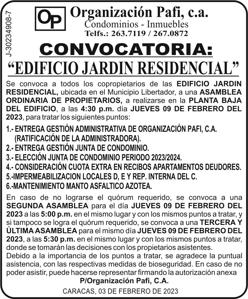 CONVOCATORIA EDIFICIO JARDIN RESIDENCIAL