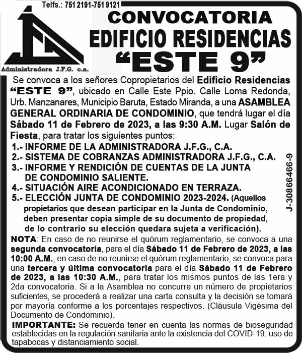CONVOCATORIA EDIFICIO RESIDENCIAS ESTE 9