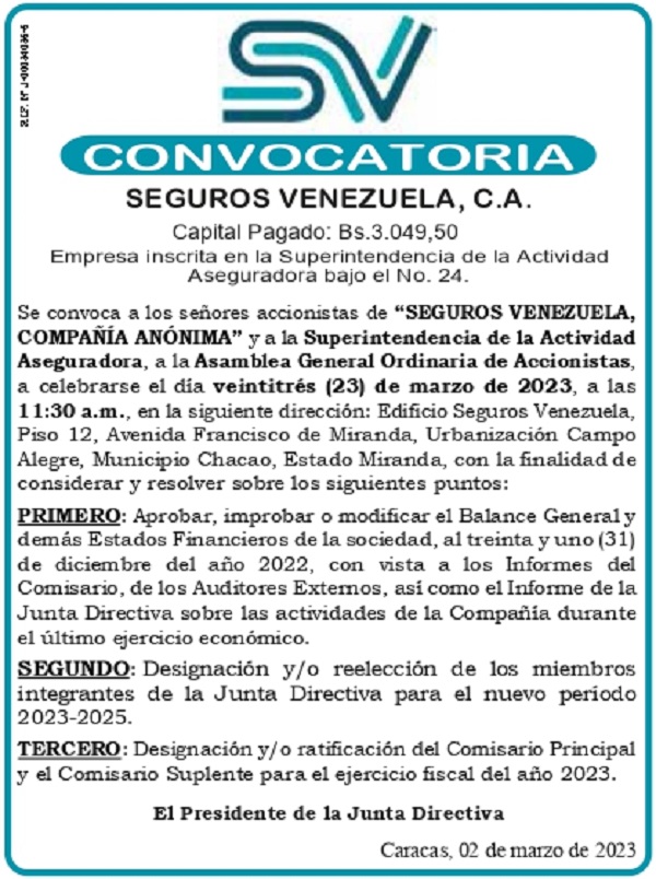 CONVOCATORIA SEGUROS VENEZUELA, C.A.