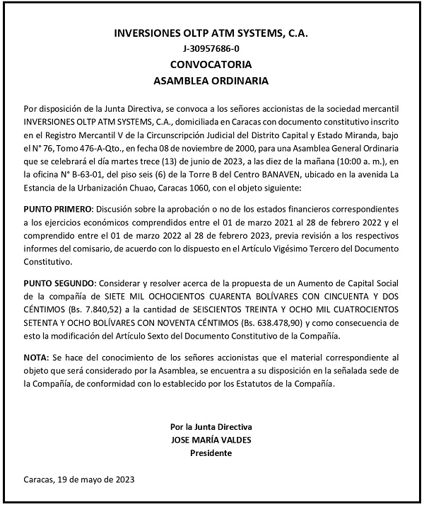 CONVOCATORIA INVERSIONES OLTP ATM SYSTEMS, C.A.