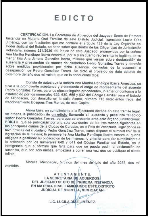 EDICTO DISTRITO JUDICIAL DE MORELIA MICHOACAN MEXICO