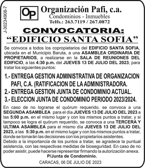 CONVOCATORIA EDIFICIO SANTA SOFIA