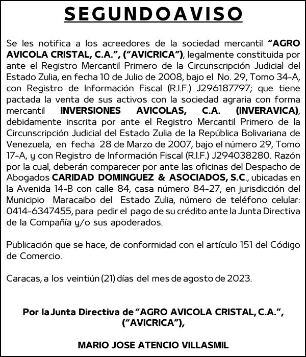 SEGUNDO AVISO AGRO AVICOLA CRISTAL, C.A. (AVICRICA)