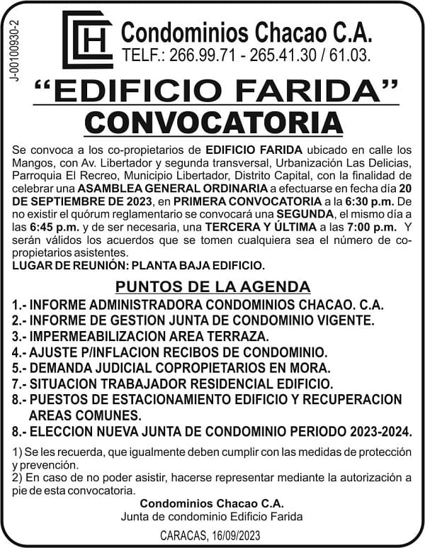 CONVOCATORIA EDIFICIO FARIDA