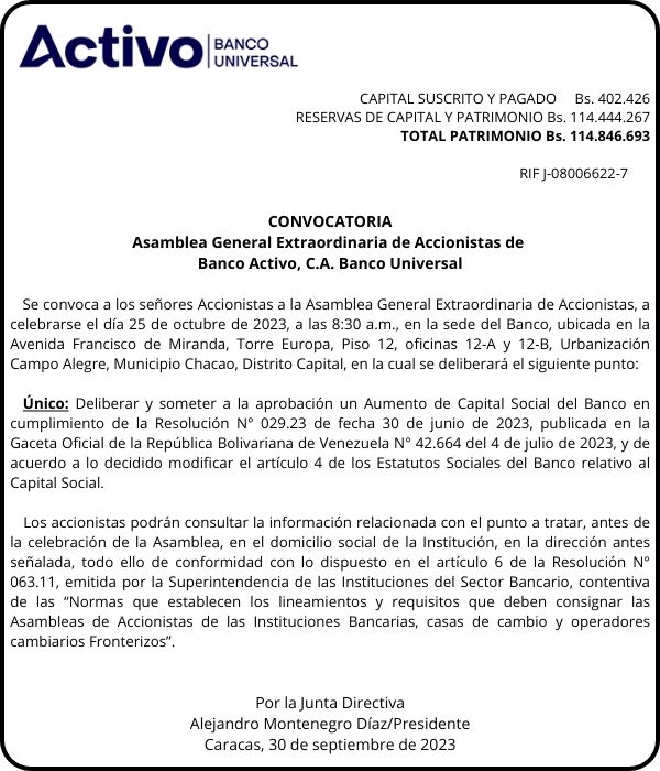 CONVOCATORIA BANCO ACTIVO, C.A. BANCO UNIVERSAL