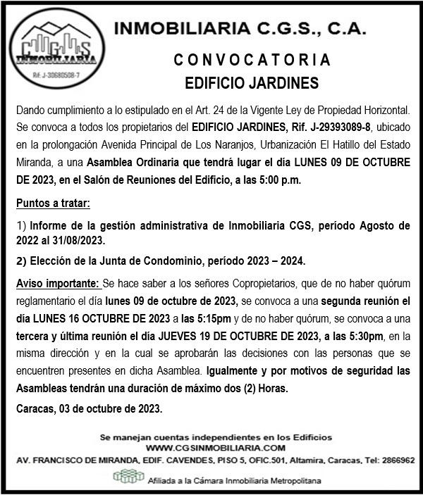 CONVOCATORIA EDIFICIO JARDINES