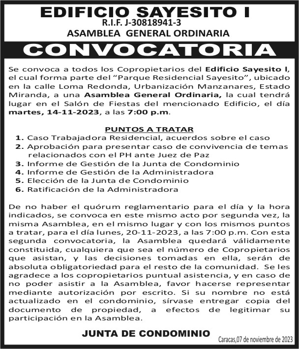 CONVOCATORIA EDIFICIO SAYESITO I
