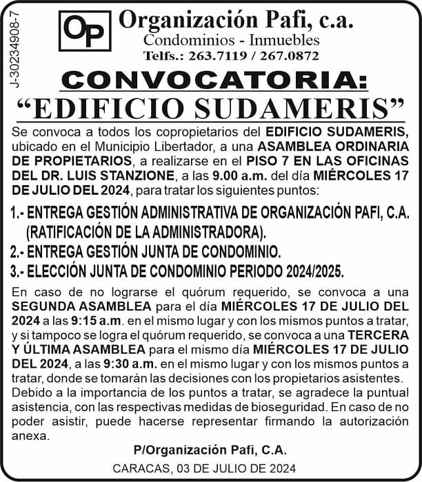 CONVOCATORIA EDIFICIO SUDAMERIS