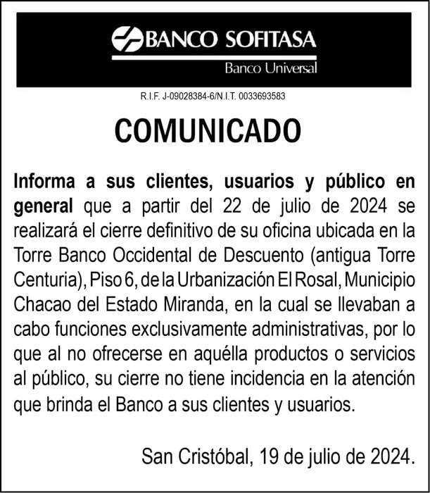 COMUNICADO BANCO SOFITASA