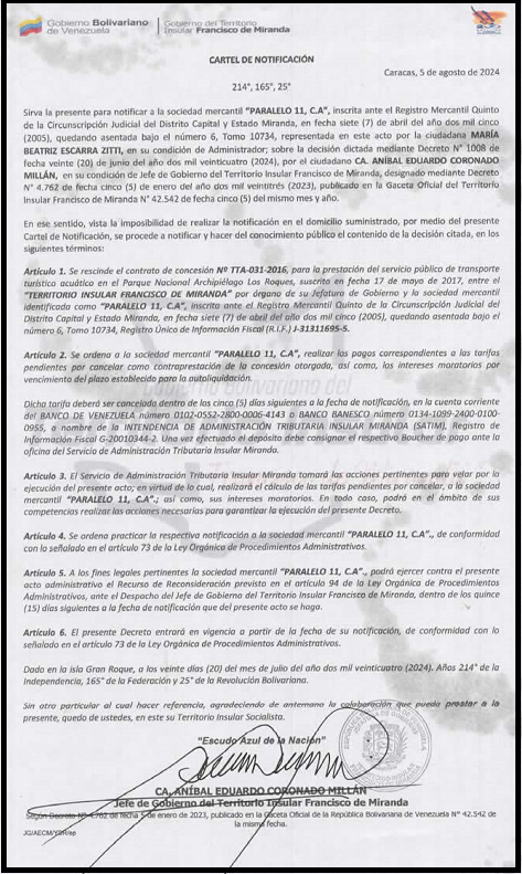 CARTEL NOTIFICACION PARALELO 11 C.A.