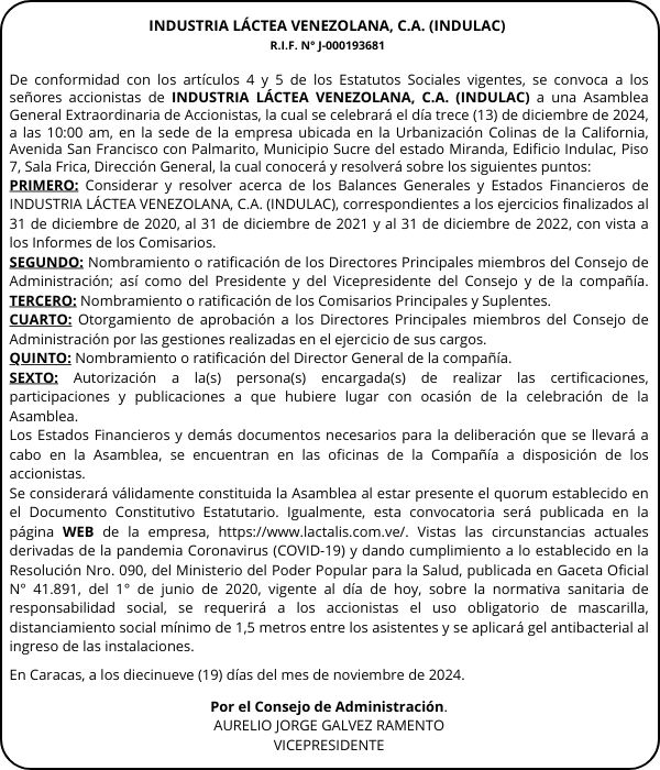 CONVOCATORIA INDUSTRIA LÁCTEA VENEZOLANA, C.A. (INDULAC)