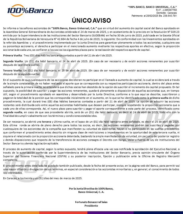AVISO ÚNICO 100% BANCO