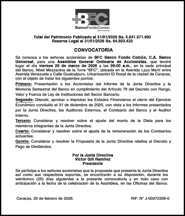 CONVOCATORIA BFC BANCO FONDO COMÚN, C.A.