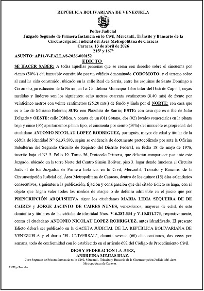 EDICTO ASUNTO: AP11-V-FALLAS-2026-000152