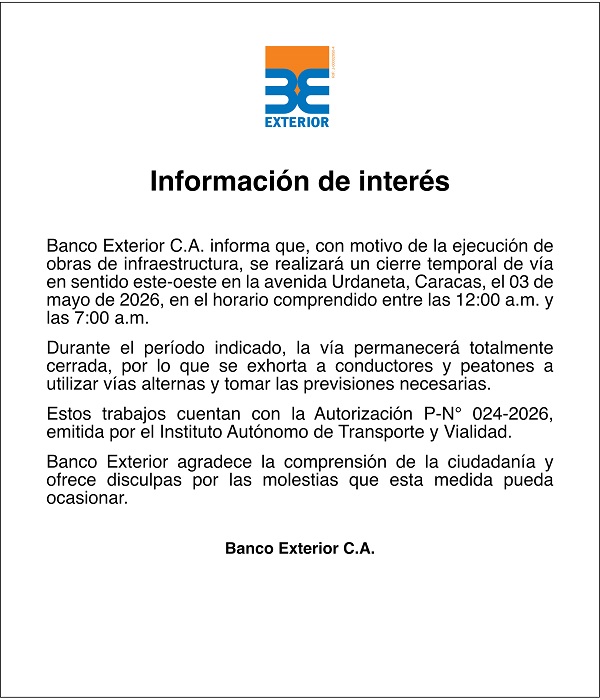 INFORMACIÓN DE INTERÉS BANCO EXTERIOR, C.A.