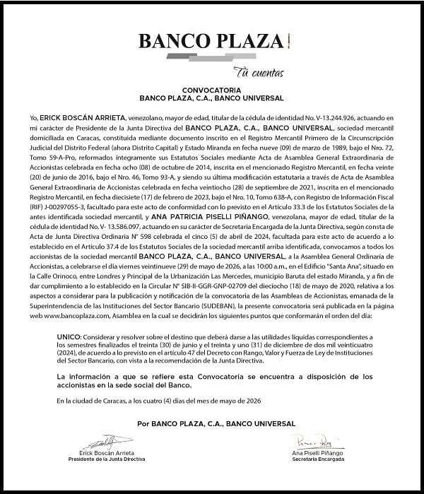 CONVOCATORIA BANCO PLAZA, C.A. BANCO UNIVERSAL (10:00 a.m.)