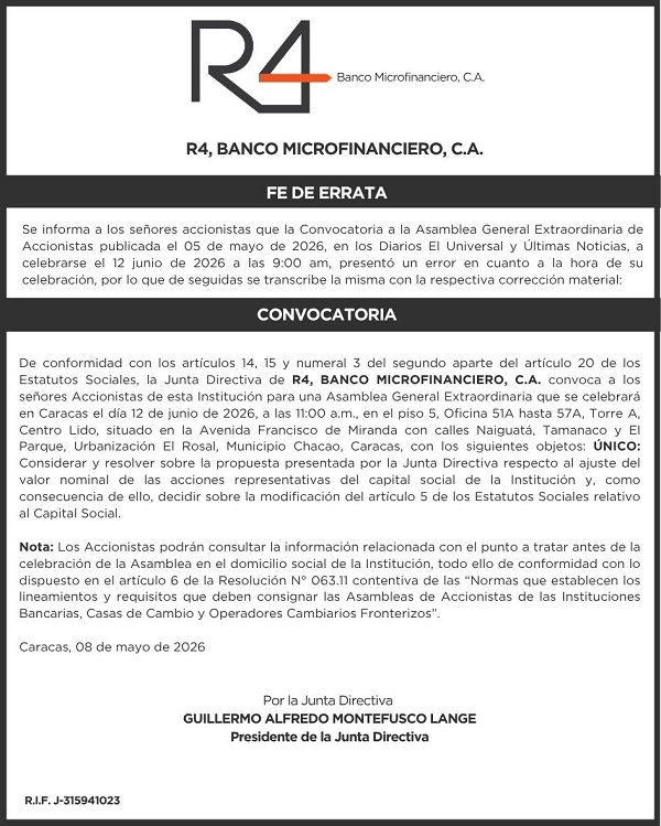 R4, BANCO MICROFINANCIERO, C.A. (11:00 a.m.)