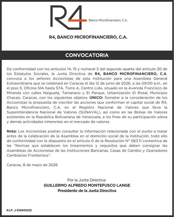 R4, BANCO MICROFINANCIERO, C.A. (09:00 a.m.)