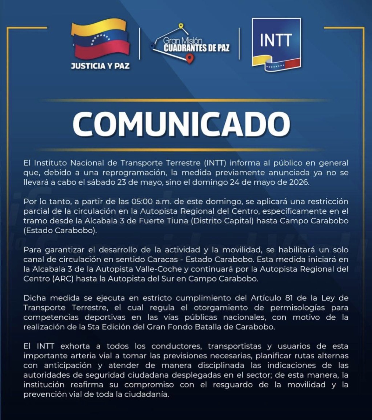INTT reprograma para este domingo 24M restricción parcial en la ...