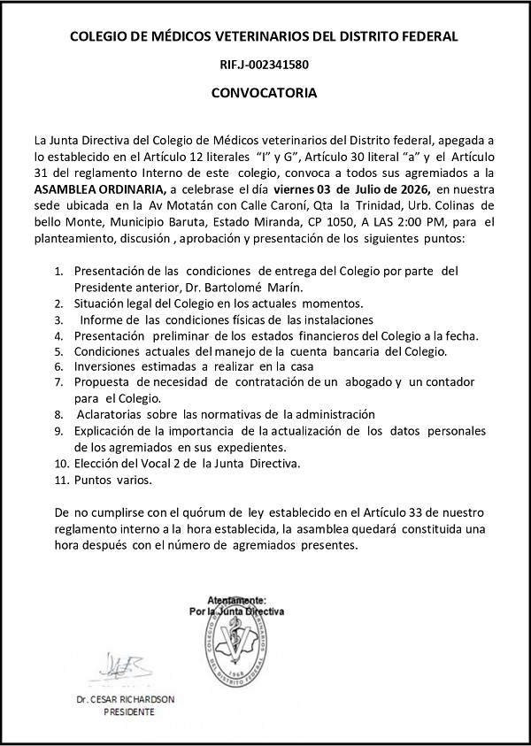 CONVOCATORIA COLEGIO DE MÉDICOS VETERINARIOS DEL DISTRITO CAPITAL