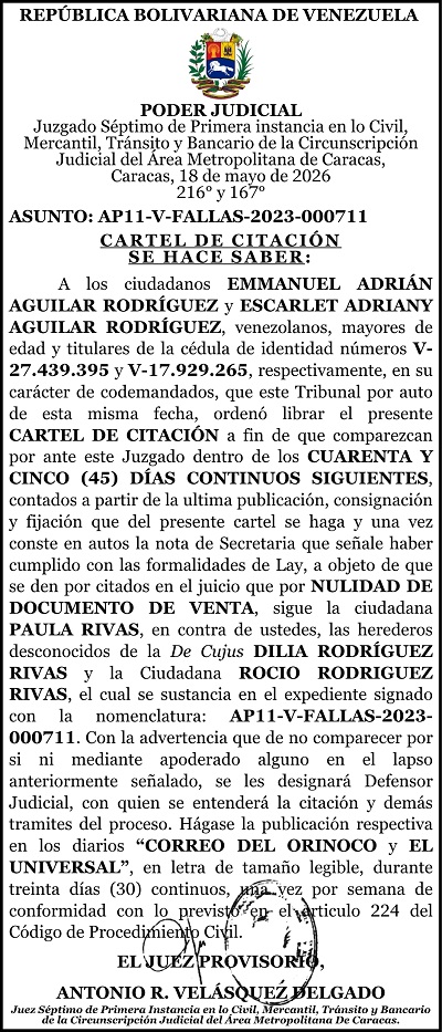 CARTEL DE CITACIÓN ASUNTO: AP11-V-FALLAS-2023-000711