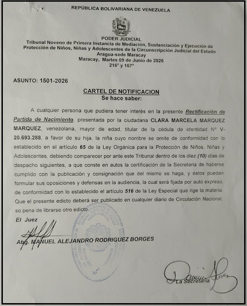CARTEL DE NOTIFICACIÓN ASUNTO: 1501-2026