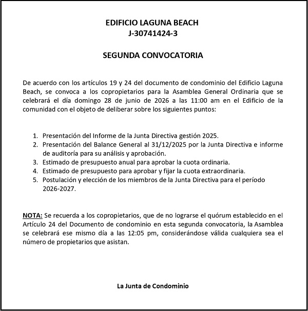 SEGUNDA CONVOCATORIA EDIFICIO LAGUNA BEACH